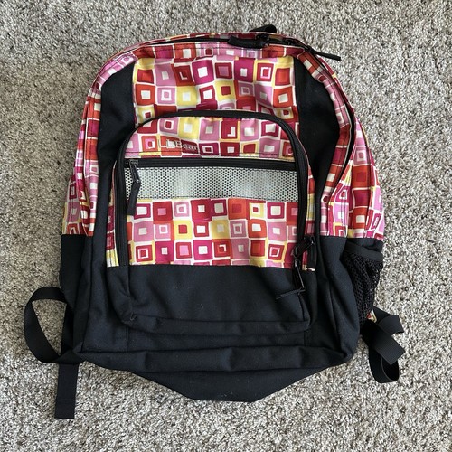 LL Bean Pink Red Yellow Squares Backpack Multi-Pocket Laptop School ...