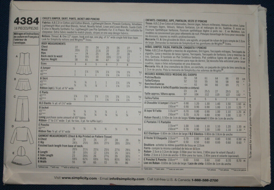 Simplicity 4384, Child's Jumper, Skirt, Pants, Jacket, Poncho, Size 3-8 ...