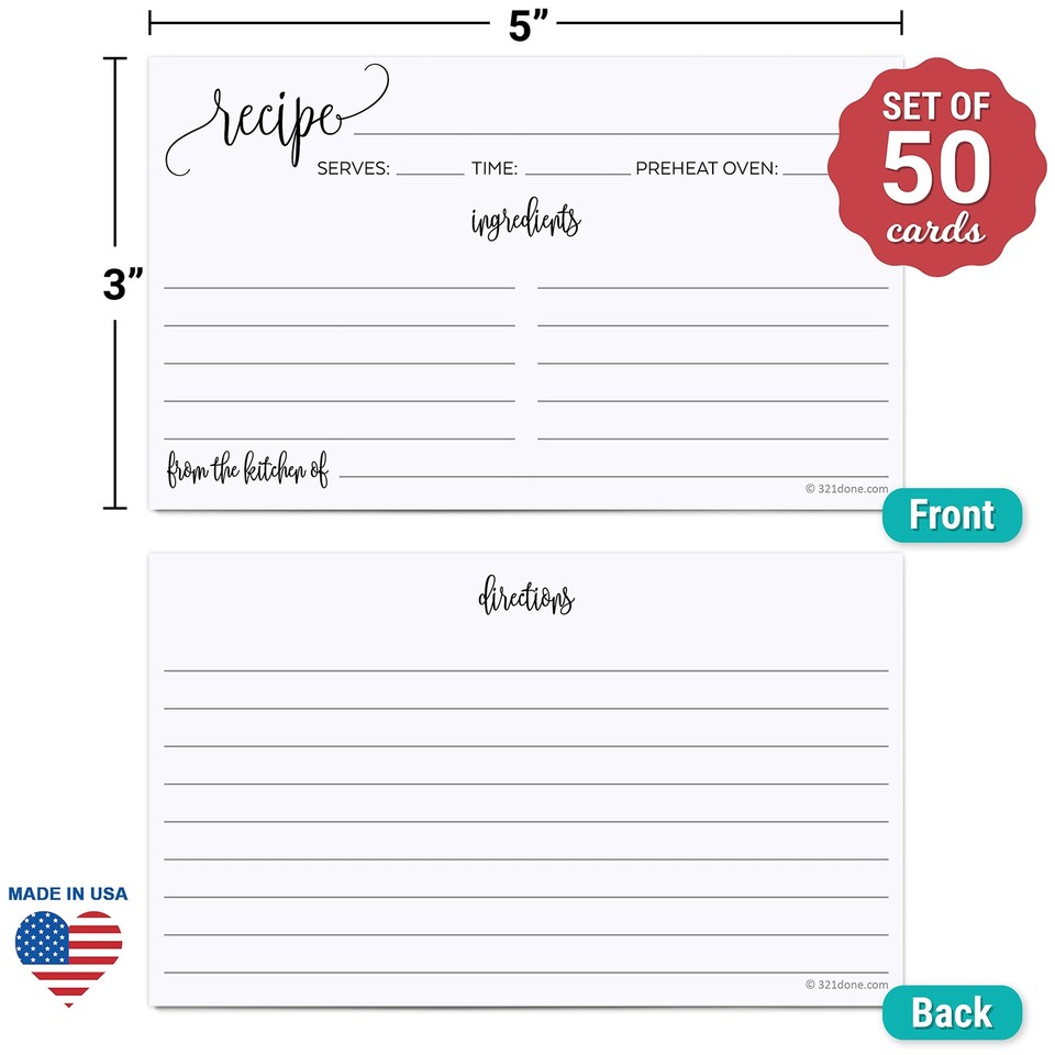 Small Recipe Cards (Set of 50) 3x5 From the Kitchen Of, Black and White ...