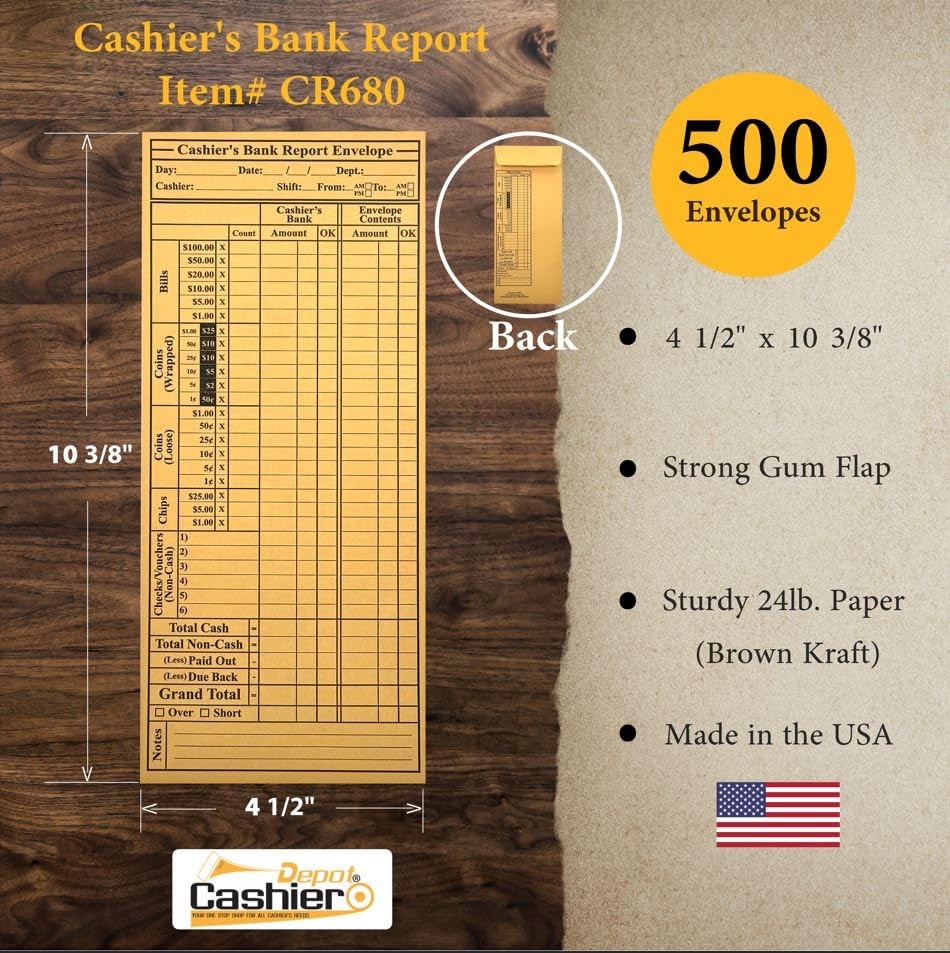500 Cashier Depot Cashier's Bank Report Envelopes CR680 4.5 x 10.375 ...