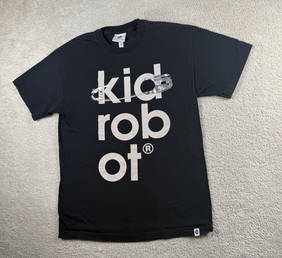 Kidrobot T-Shirt L Logo Short Sleeve Black Purple Safety Pi n Y2K Art ...