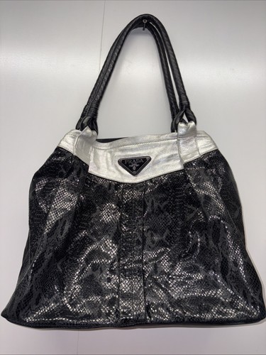 Prada Milano Purse Soft Leather Snake Skin Like Print Black & Sliver | eBay