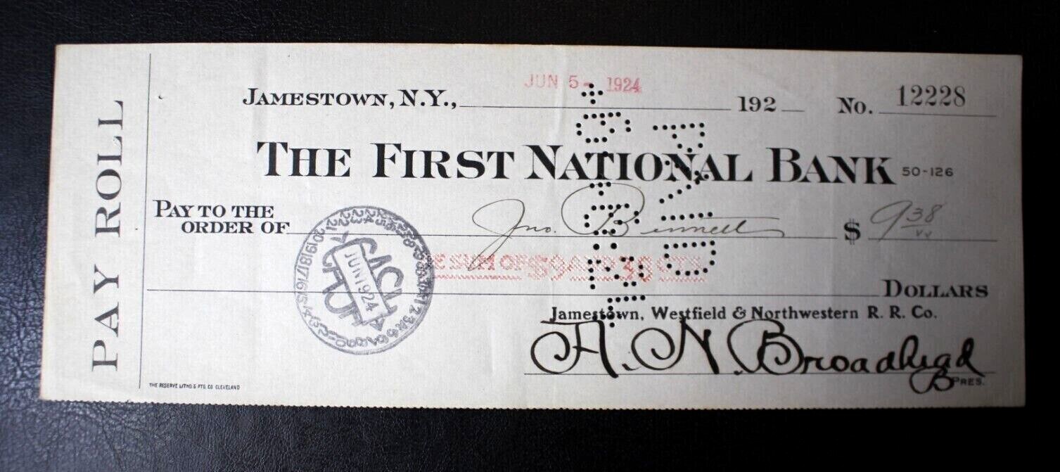 The First National Bank Jamestown NY 1924 check Jamestown Westfield ...
