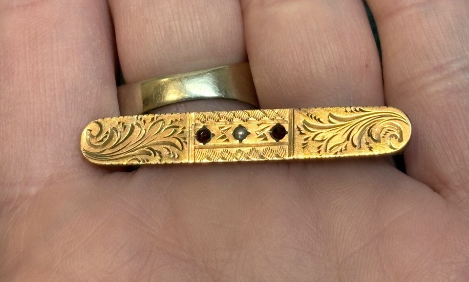 Antique Gold Fill Edwardian Art Nouveau Red Glass Faux Pearl Bar Pin ...