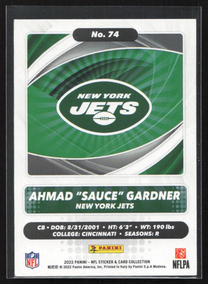2022 Panini Sticker & Card Ahmad "Sauce" Gardner #74 Purple Rookie #65/ ...