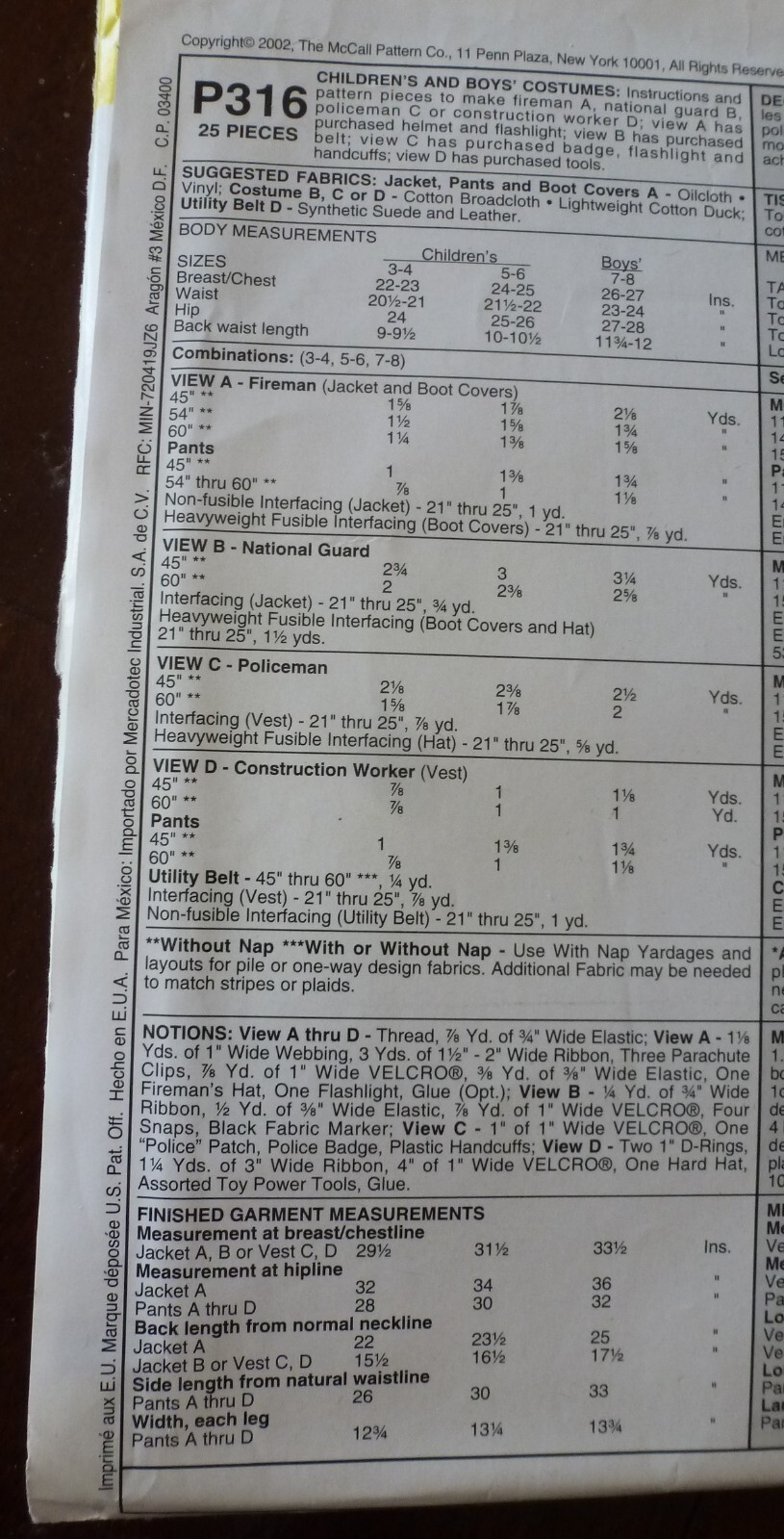 McCalls Pattern P316 - Kids' Firefighter, Policeman, Military, Costume ...