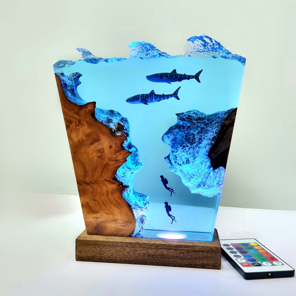 Ocean Resin Lamp, Whale Shark and Diver Resin Wood Lamp, Deep Blue Sea ...