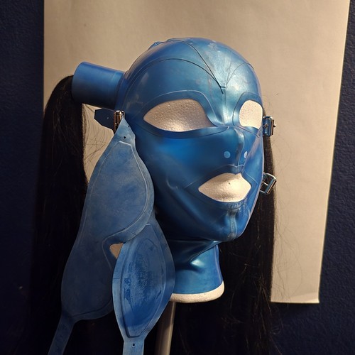 Latex Hood Rubber55 Metallic Blue XXS w/ Black Pigtails, Blindfold ...
