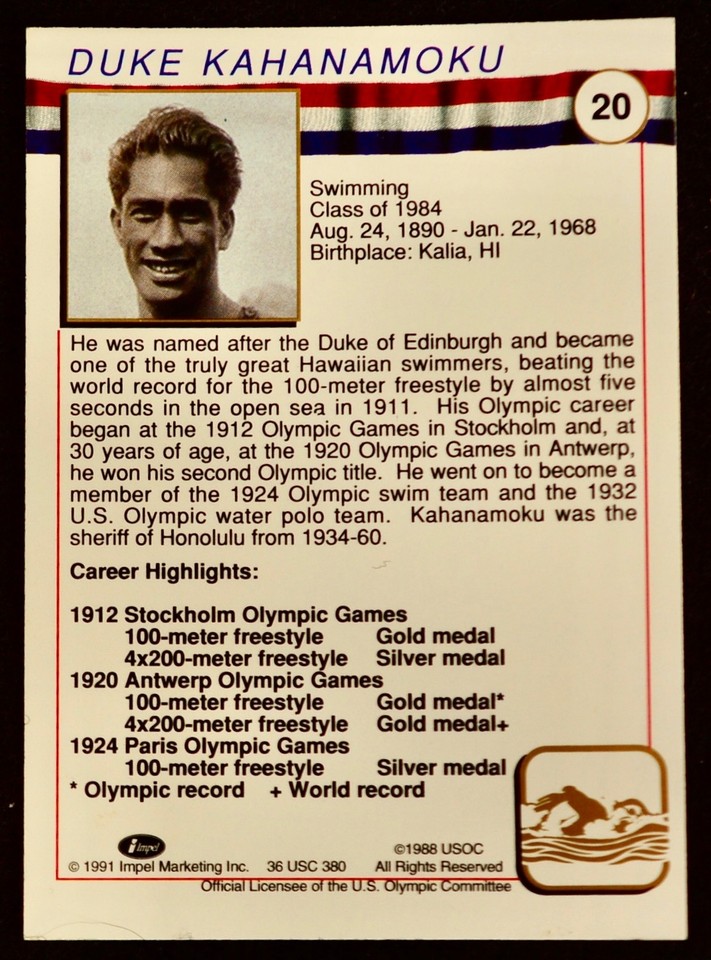 1991 Impel U.S. Olympicards Hall of Fame - Duke Kahanamoku #20 | eBay