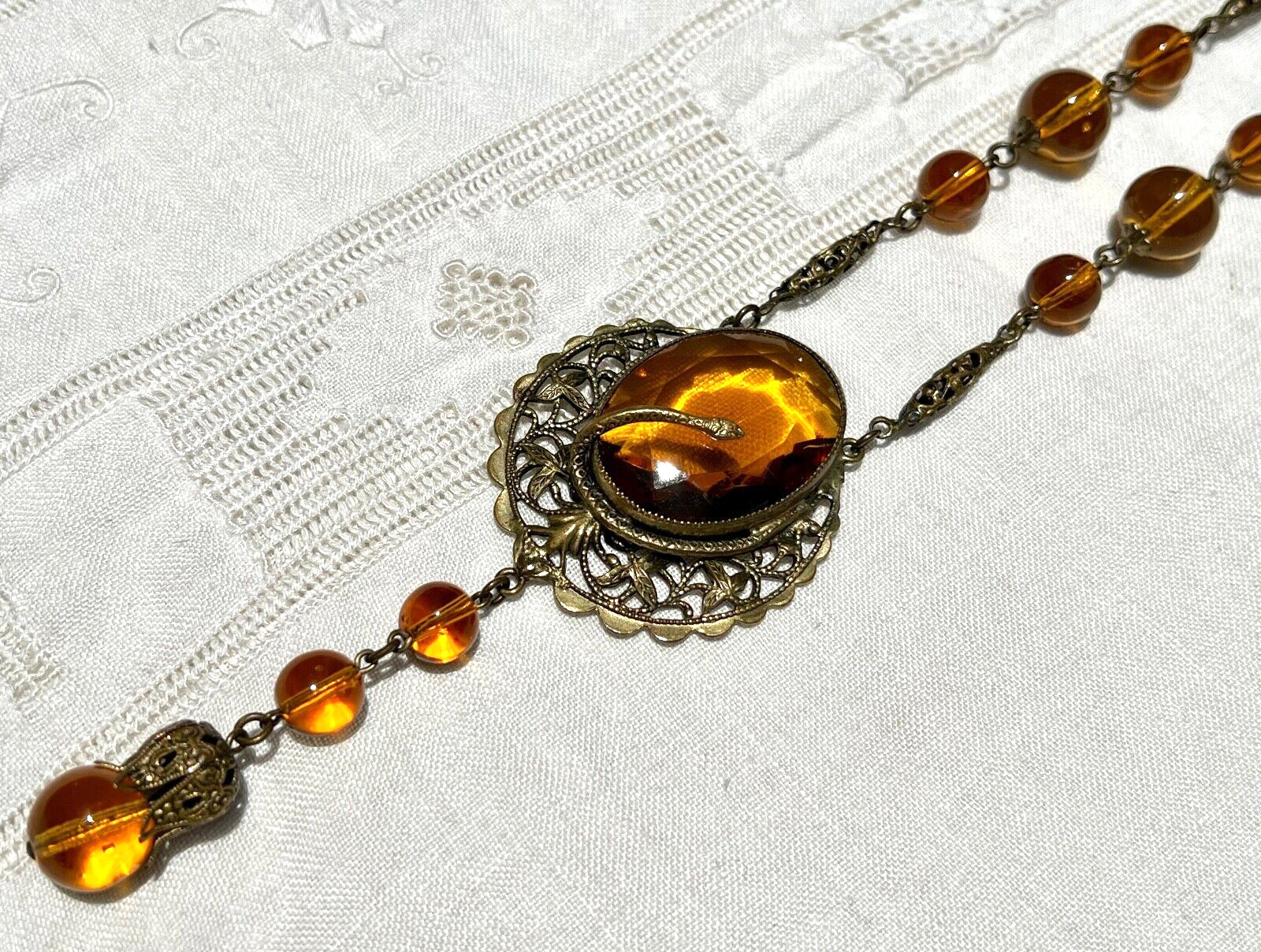 Antique SNAKE Honey Amber Czech Glass & Brass Filigre… - Gem