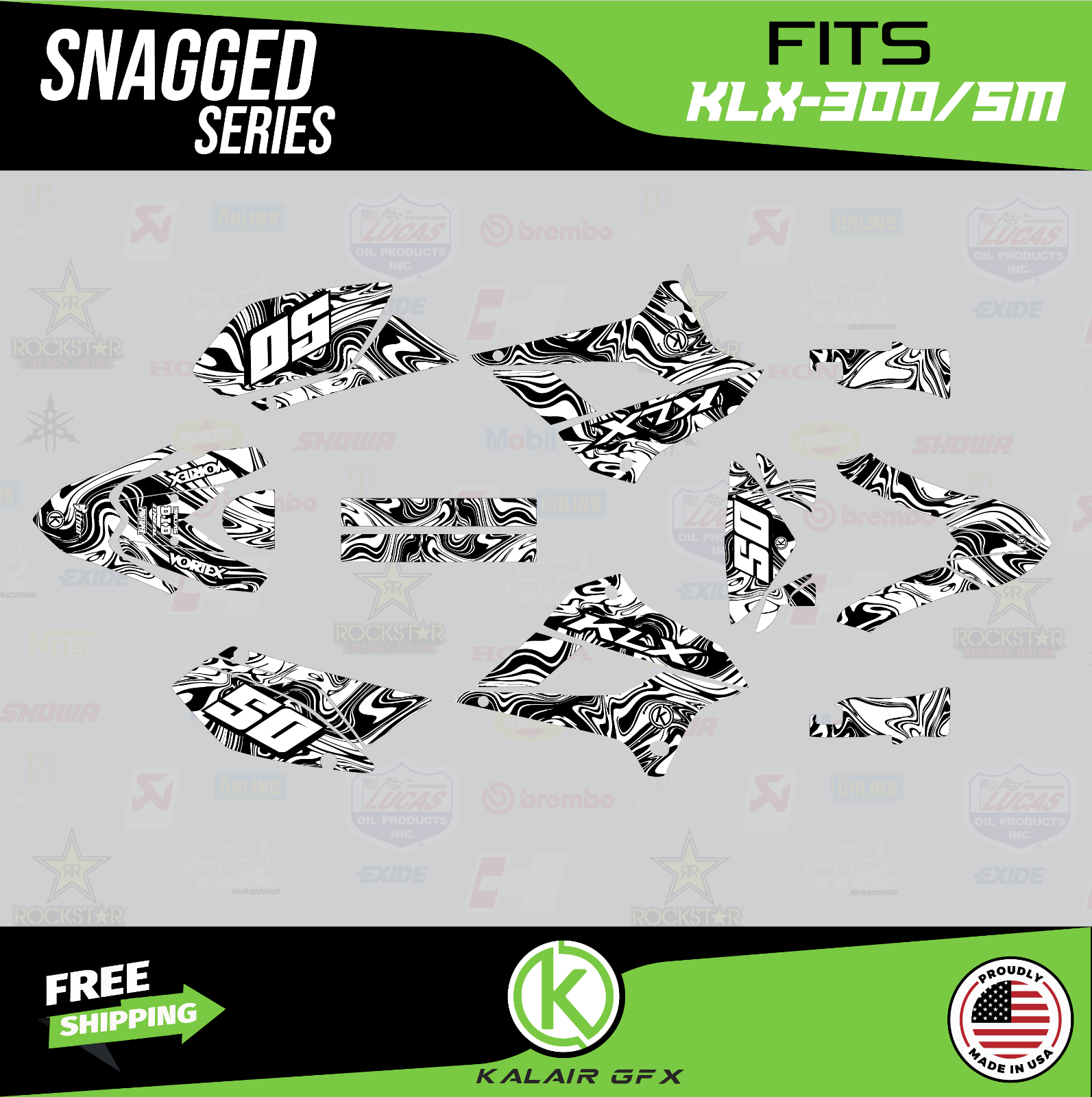 Graphics Kit for Kawasaki KLX300SM 2020 2021 2022 2023 Snagged Series ...