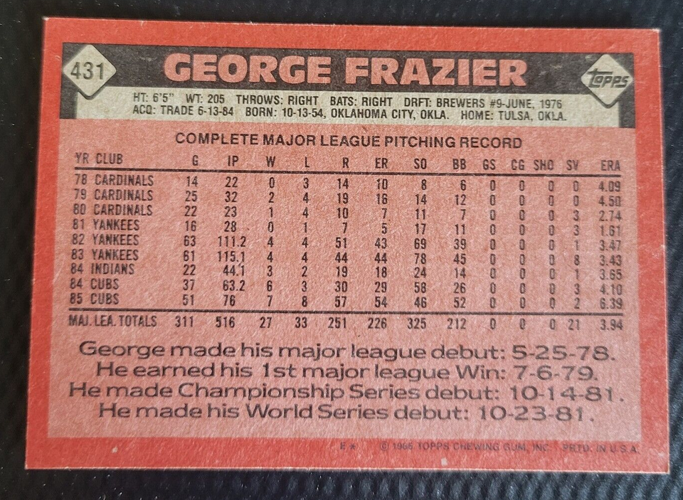 1986 Topps TCG Pitcher GEORGE FRAZIER Chicago Cubs MLB Baseball Card ...