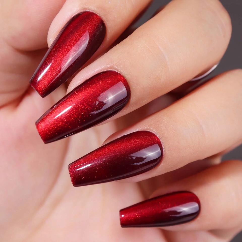 COFFIN MEDIUM *RED CAT EYE* Full Cover 24 Nail Tips Press On Glue Set ...