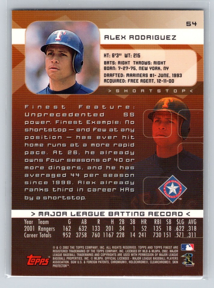 2002 Topps Finest Alex Rodriguez Texas Rangers #54 | eBay