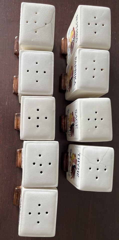 Vintage Japan Hanging Wooden Spice Rack w/ 9 Porcelain Ceramic Spices ...