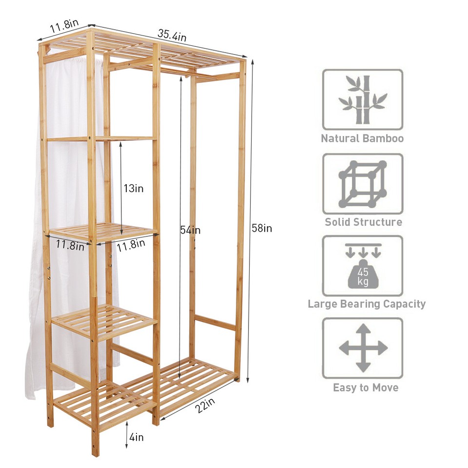6 Tier Bamboo Garment Rack Storage Shelves Clothes Hanging Wardrobe ...