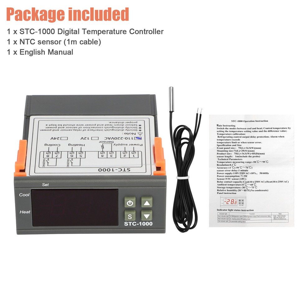 Digital Temperature Controller STC-1000 Thermostat w/ NTC Sensor AC ...
