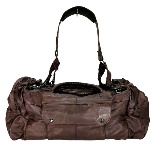 VTG 90s Brown Leather Duffle Bag Top Handles + Removable Strap Travel ...