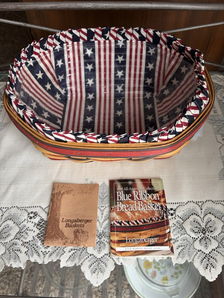 Longaberger 1999 Blue Ribbon Bread Basket W/ Liner & Plastic Protector ...