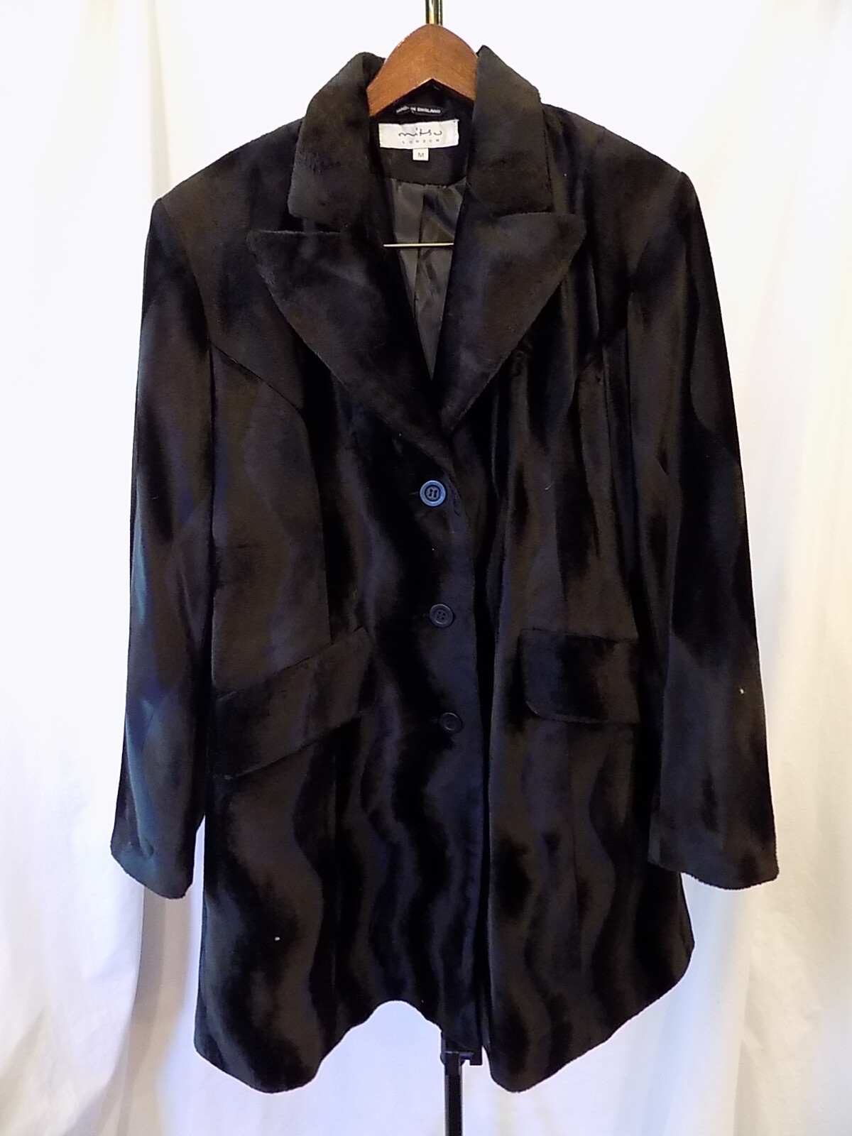 MITSU LONDON Black Retro Faux Fur Front Button Long Coat Sz M England ...
