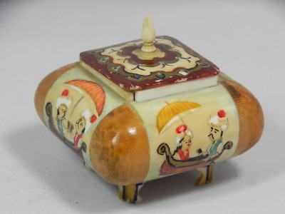 Mini Intricate Painted BONE (?) & WOOD Footed BOX Middle East Arabic ...
