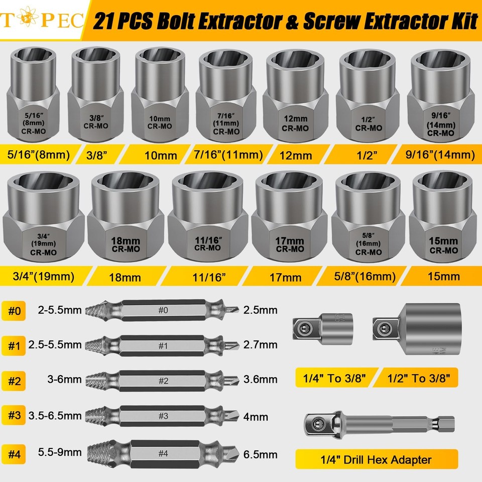 2-IN-1 Bolt & Screw Extractor Kit, 21PCS Easy Out Bolt Extractor Socket ...