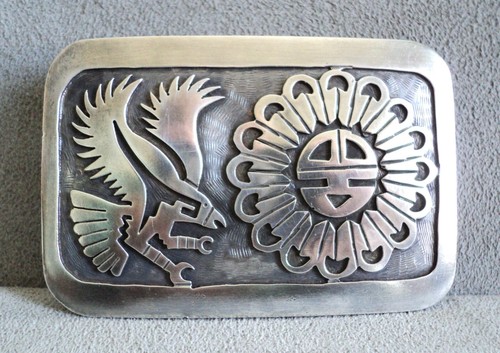 Vtg Signed Native American STERLING Silver BELT BUCKLE Eagle SUN FACE ...