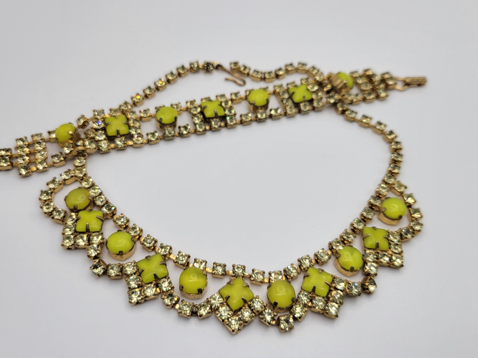 Vintage Gold Tone Yellow Glass Rhinestone Necklace & … - Gem