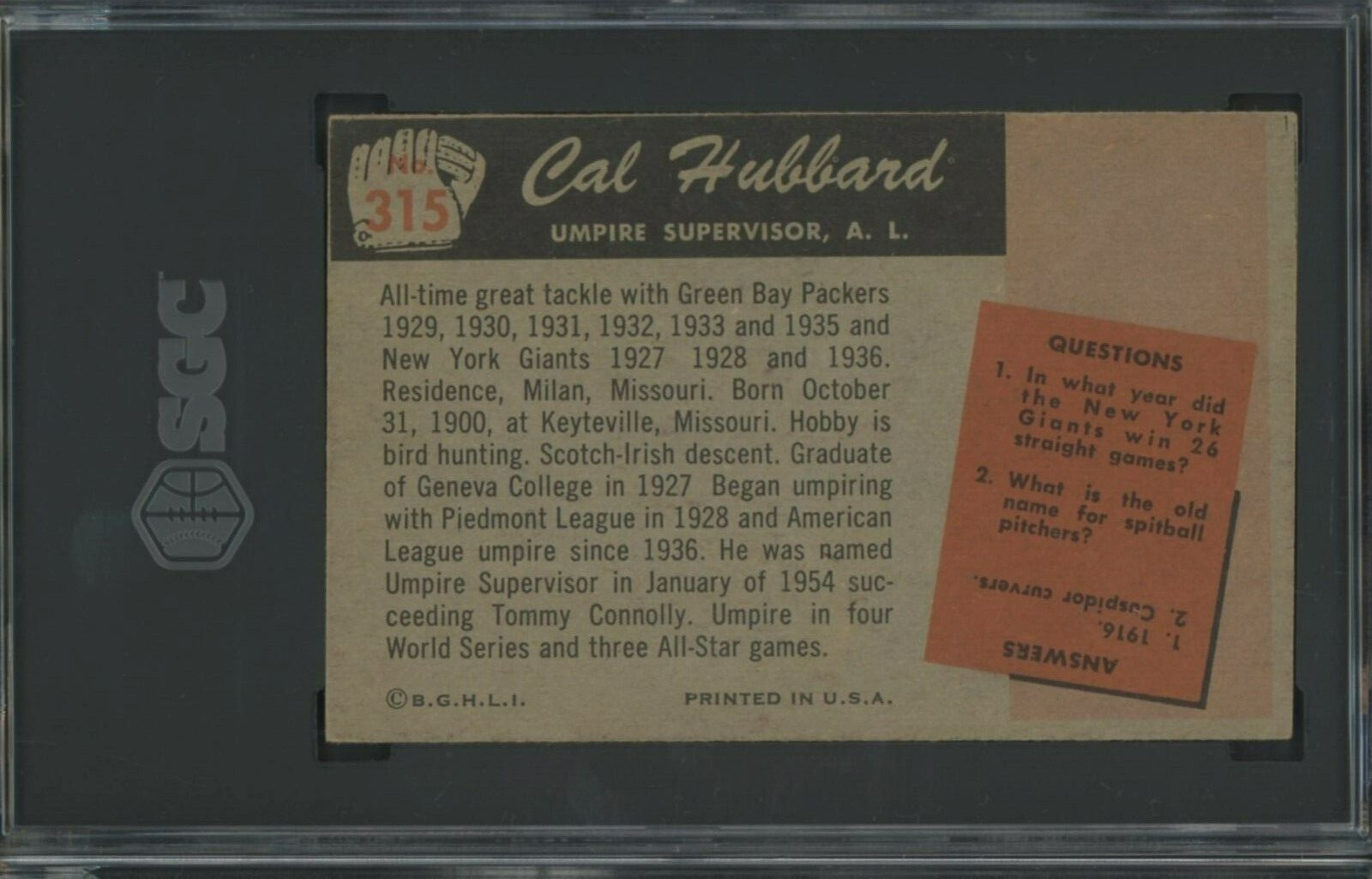 Cal Hubbard 1955 Bowman #315 ** SGC Authentic ** Toughest Umpire Card ...