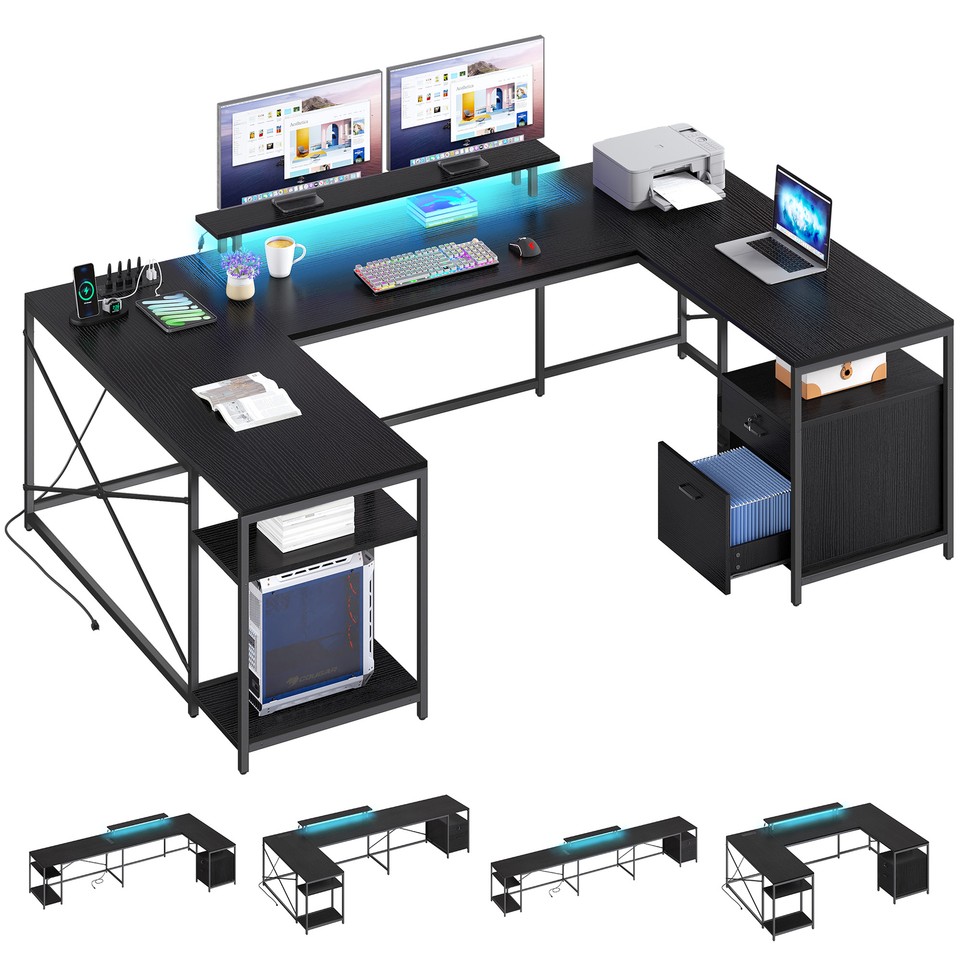 79 inch U Shaped Desk with Power Outlets & LED Lights Reversible ...