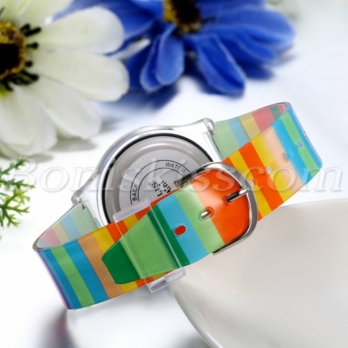 Kids Rainbow Color Stripe Cartoon Transparent Quartz Watches Children's ...