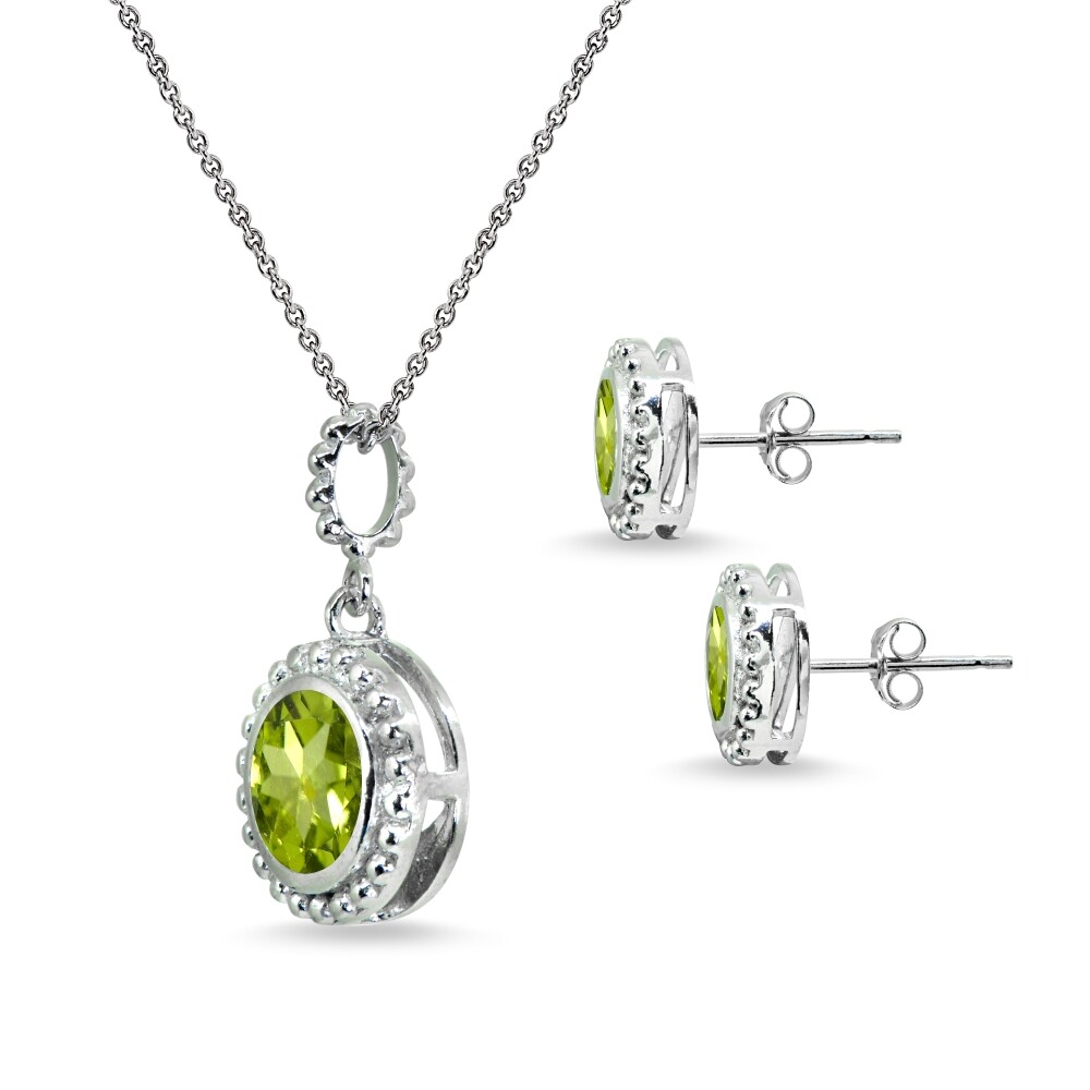 6mm Round Peridot Halo Bezel-Set 925 Silver Pendant Necklace & Stud ...