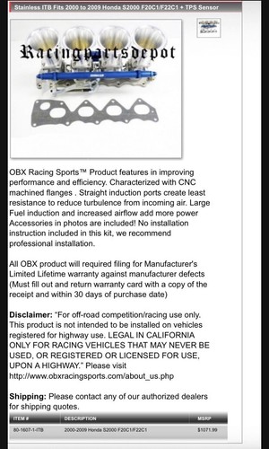 HONDA S2000 OBX Racing ITB For Honda Individual Throttle Body | eBay