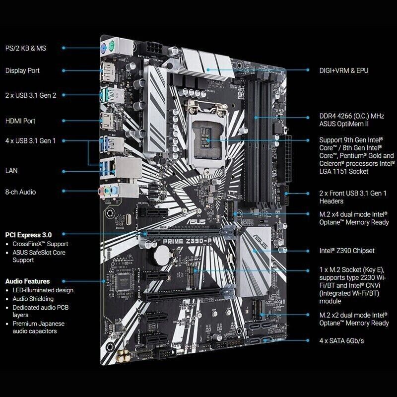 NEW ASUS Prime Z390-P LGA1151 (Intel 8th and 9th Gen) ATX Motherboard w ...