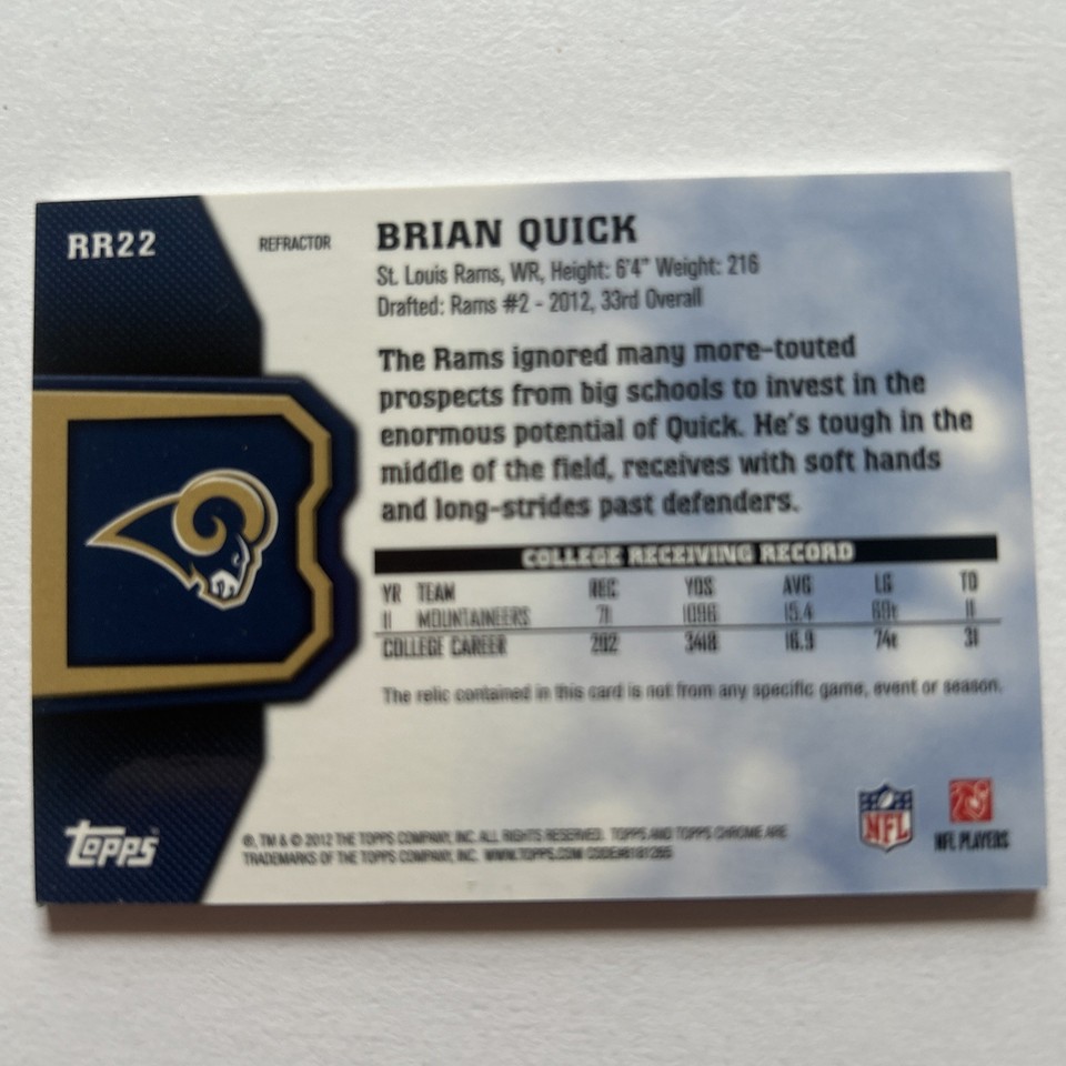 2012 Topps Chrome - Rookie Relics Brian Quick #RR22 (MEM, RC) | eBay