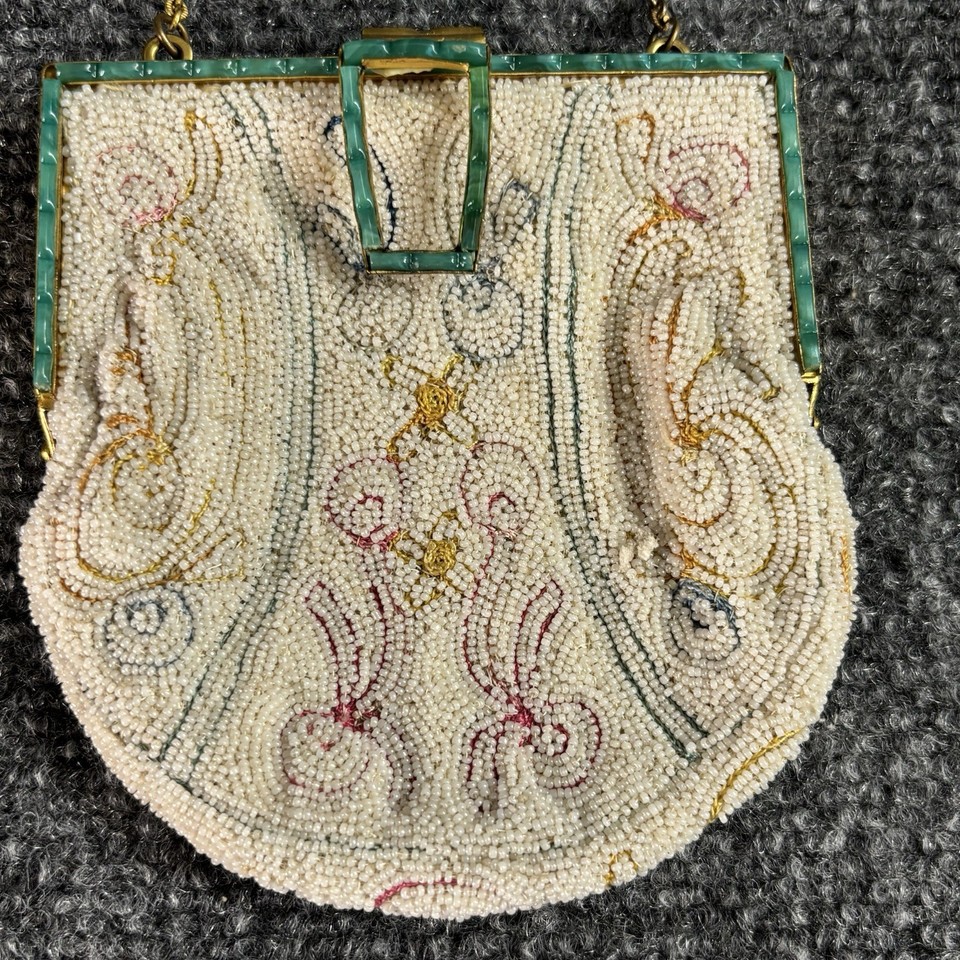 Vintage Micro Beaded Jade Clasp Purse Glass Beads Floral Embroidery ...