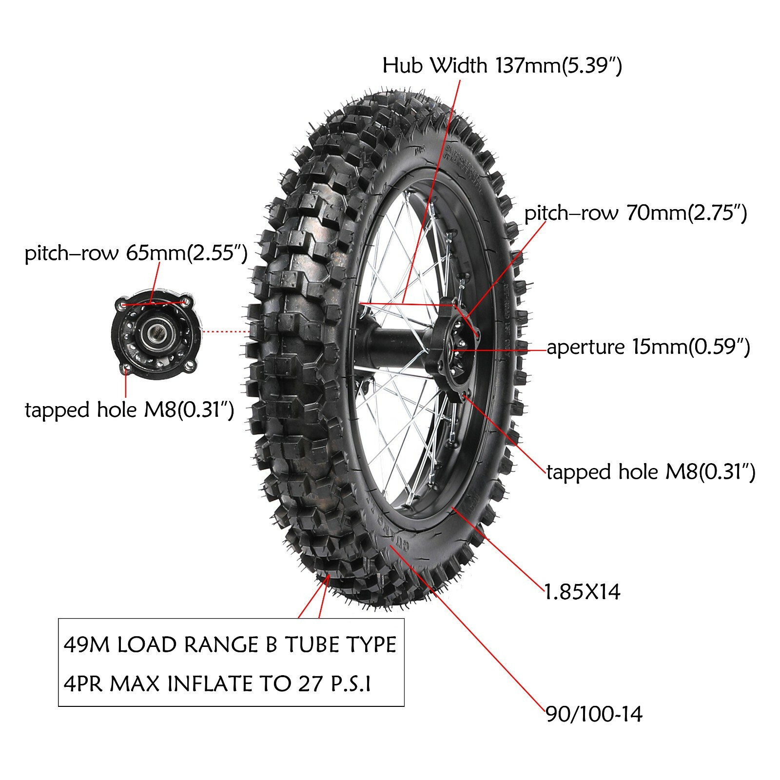 Motorcycle 90/100-14 Tire Rim and Tube Wheel Combo CR85 YZ85 RM85 KX85 ...
