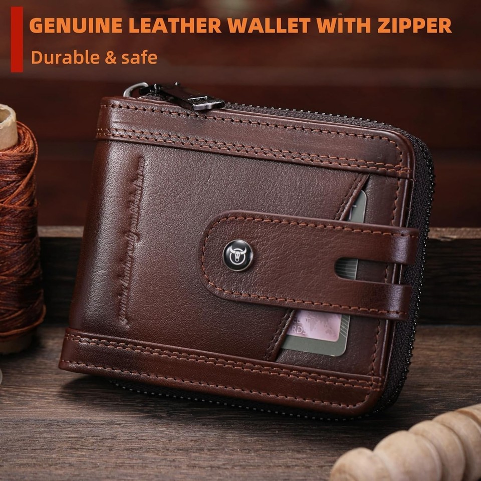 BULLCAPTAIN Genuine Leather Men's Wallet with Zipper Vintage RFID ...