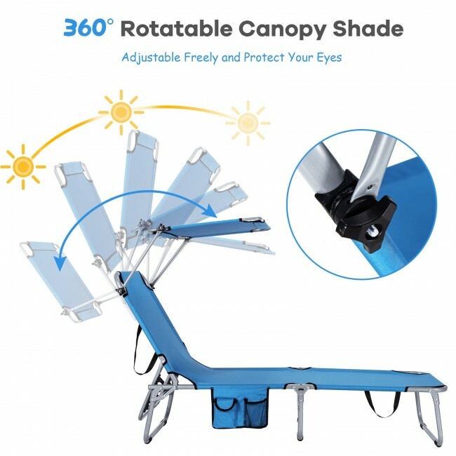 Foldable Lounge Chair Outdoor Adjustable Beach Pool Recliner W/Canopy ...