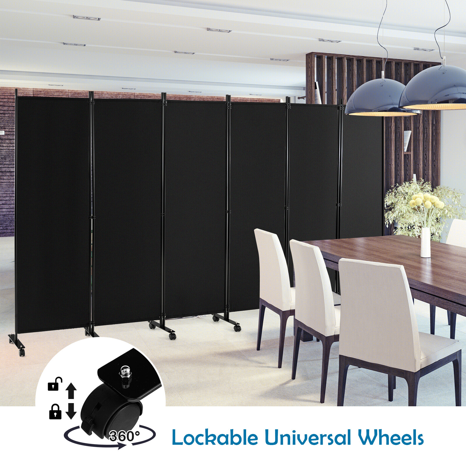 6-Panel Folding Room Divider 6FT Rolling Privacy Screen w/ Lockable ...