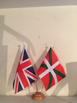 UNION JACK AND BASQUE TWIN TABLE FLAG SET with WOODEN BASE 9"X6" FLAGS ...