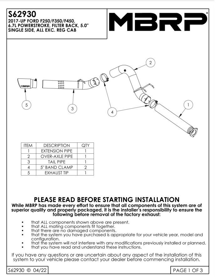 MBRP 2017-2025 FORD F250 F350 6.7L POWERSTROKE DPF-BACK 5" EXHAUST ...