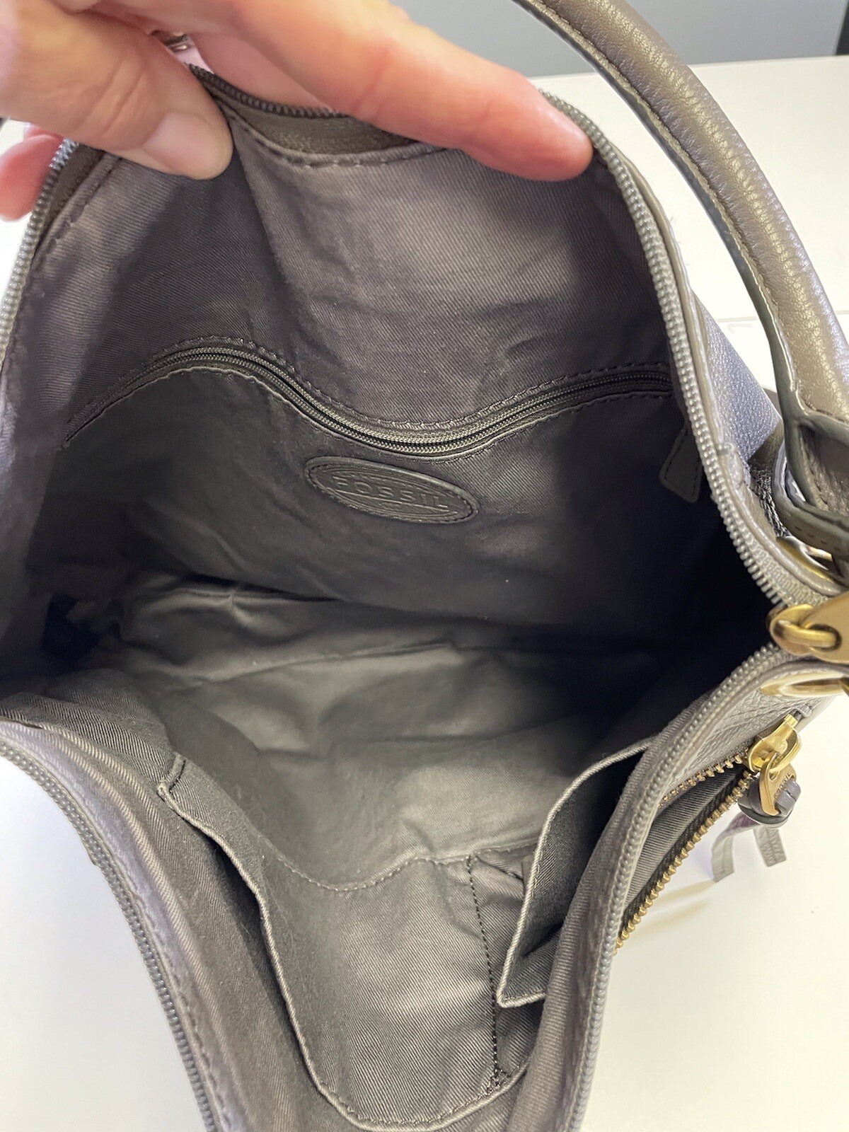 Fossil Leather Handbag Medium Size Gray w/Purples, Cream 2 Handle Strap ...