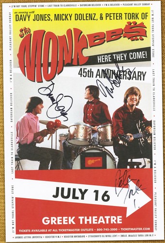 The Monkees autographed concert poster Peter Tork, Micky Dolenz, Davy ...