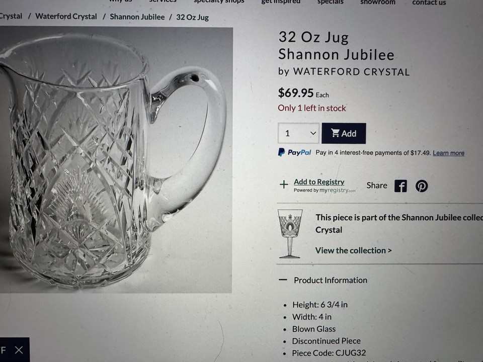 Waterford Crystal Shannon Jubilee 6.75" Pitcher Ireland 32 Oz | eBay