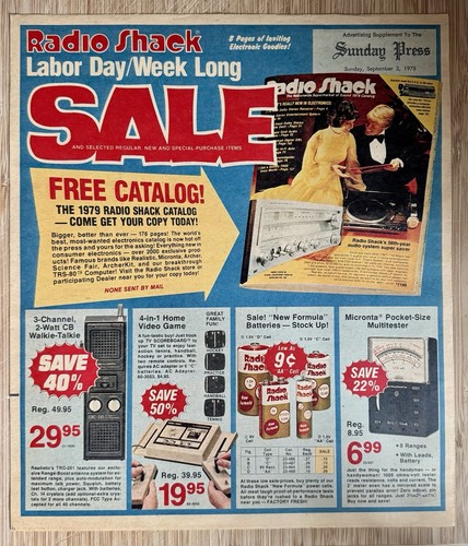 Vintage RADIO SHACK Sunday Press newspaper Ad insert 09/03/1978. Labor ...