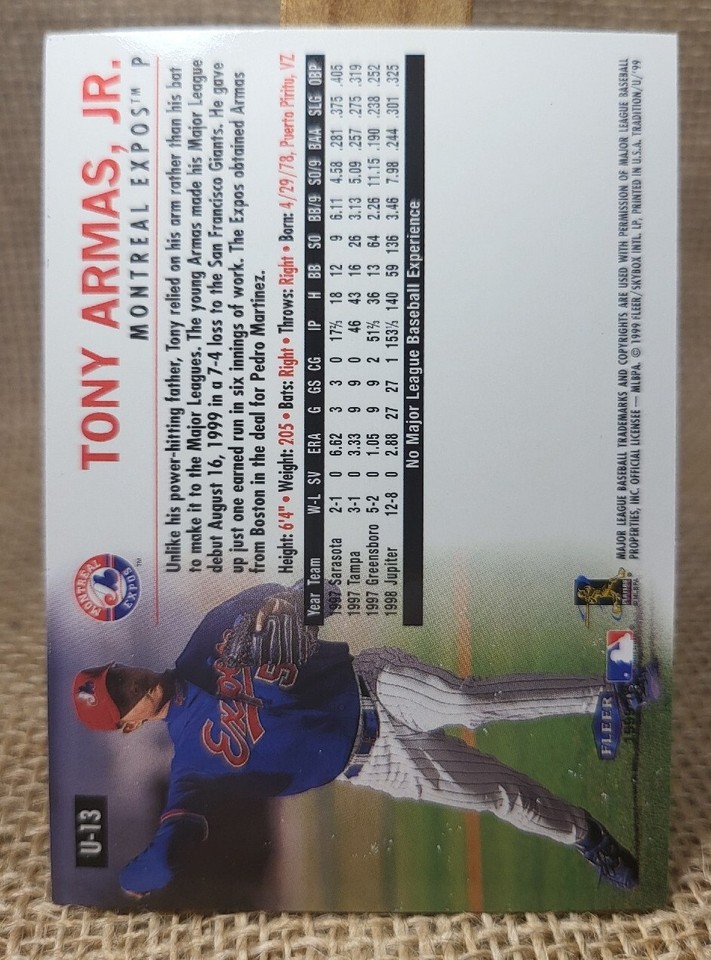 1999 Fleer Tradition Update Tony Armas Jr RC Baseball Card U-13 Expos ...