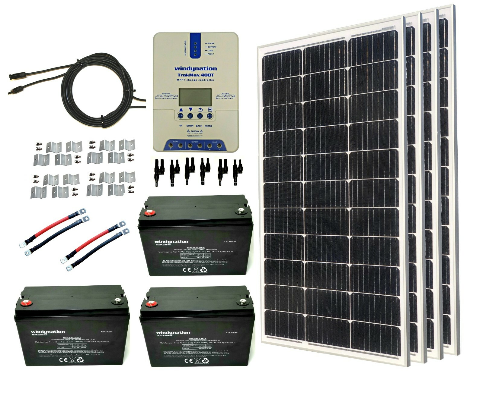 WindyNation 400W Monocrystalline Solar Panel Kits w/ MPPT 40A Charge ...