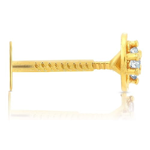 24K Yellow Gold Nose Ring Stone Design White Four Diamond Piercing Stud ...
