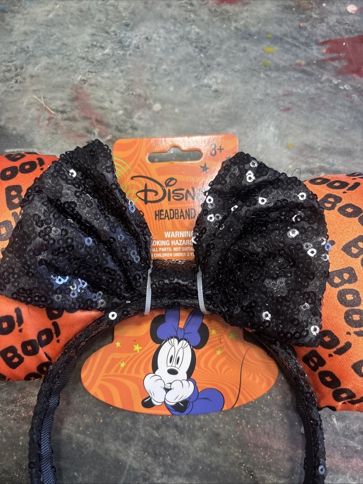 Disney Minnie Mouse Ears Halloween BOO Orange Black Sequin Bow Headband ...